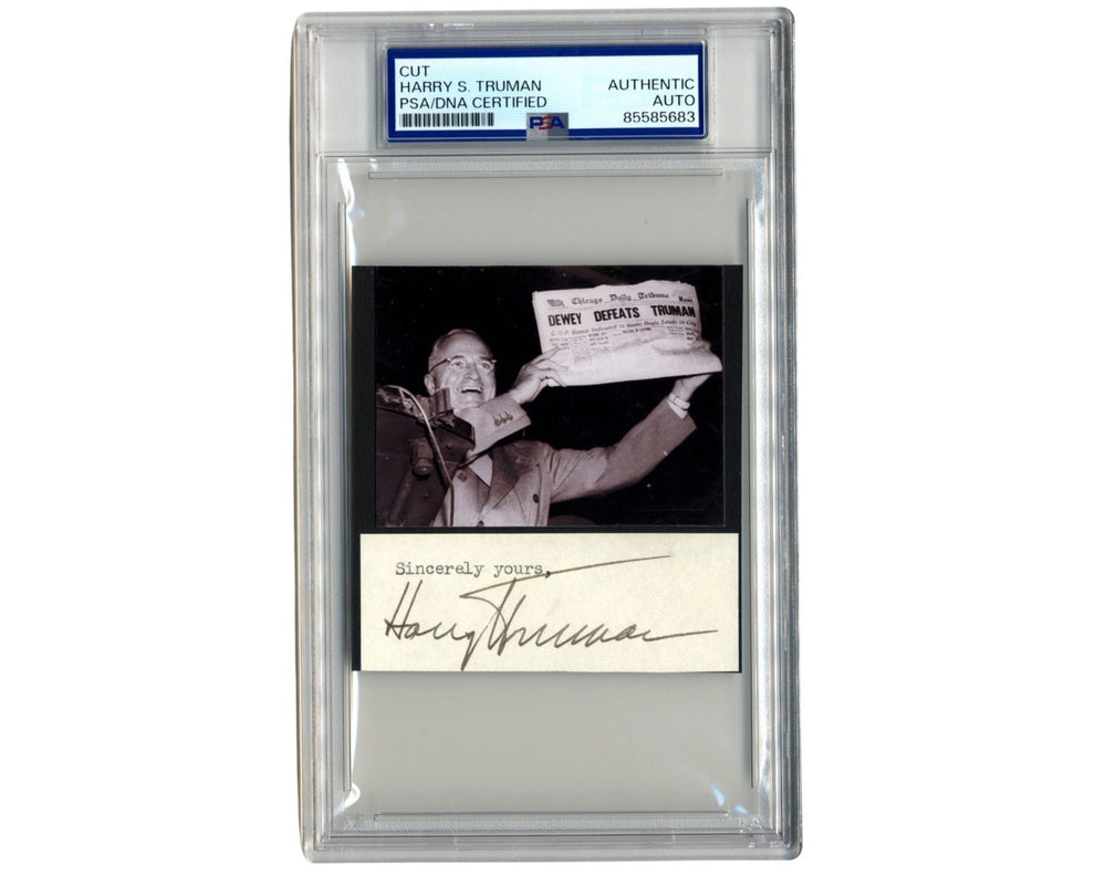 President HARRY TRUMAN Signed Cut Display "Truman Beats Dewey" PSA Aut ...