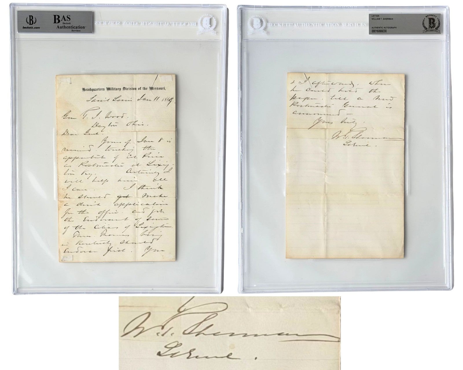 Civil War Union General W.T. Sherman Signed Letter to Gen Thomas Wood ...